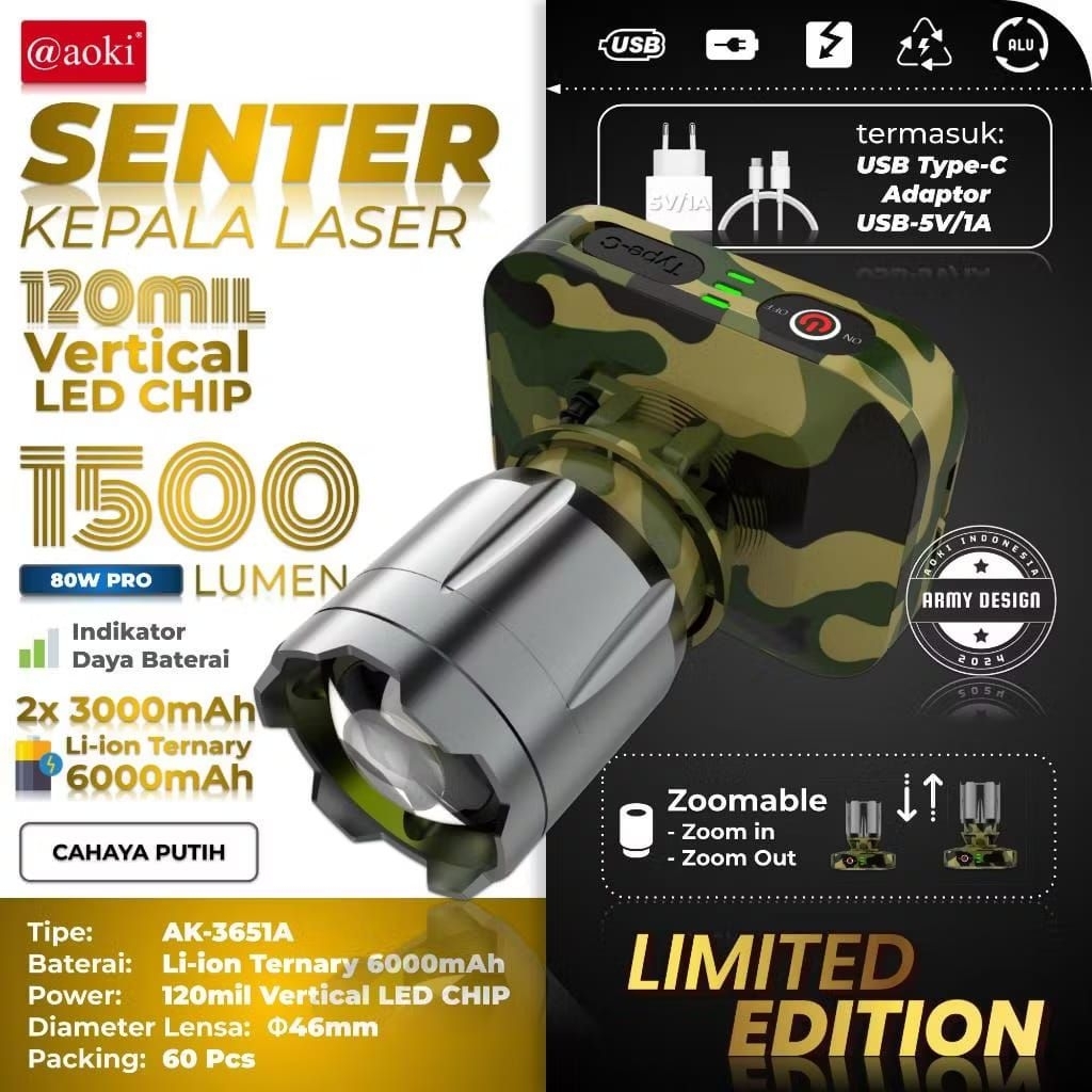 Jual AOKI SENTER KEPALA ZOOM 60WAT PRO+ 1100LUMEN ARMY DESIGN AK-3671A ORIGINAL | Shopee Indonesia