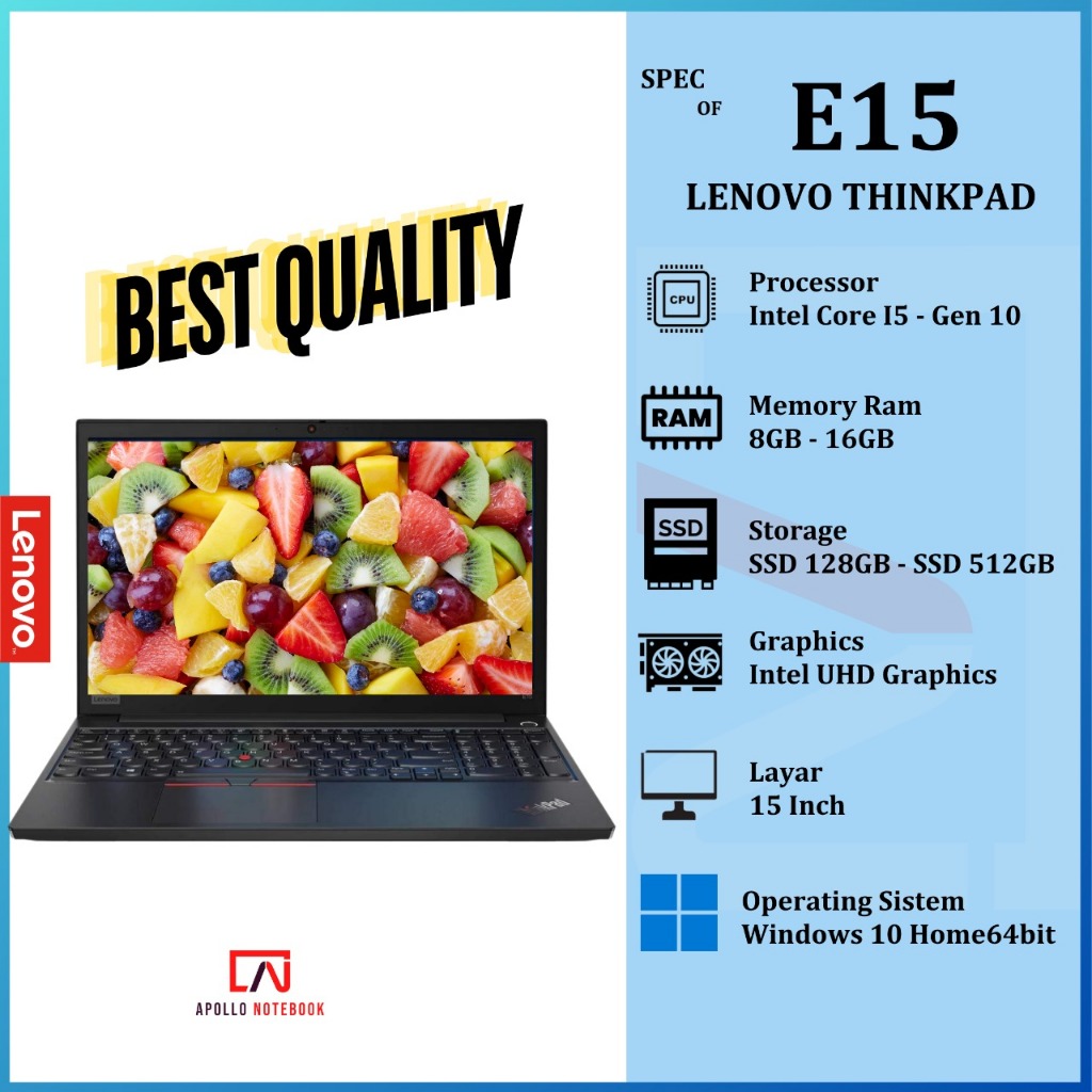 Jual Laptop Lenovo Thinkpad E490 E480 E15 Core i5 Gen 10 RAM 16GB SSD 512GB - Layar 15 Inch ...
