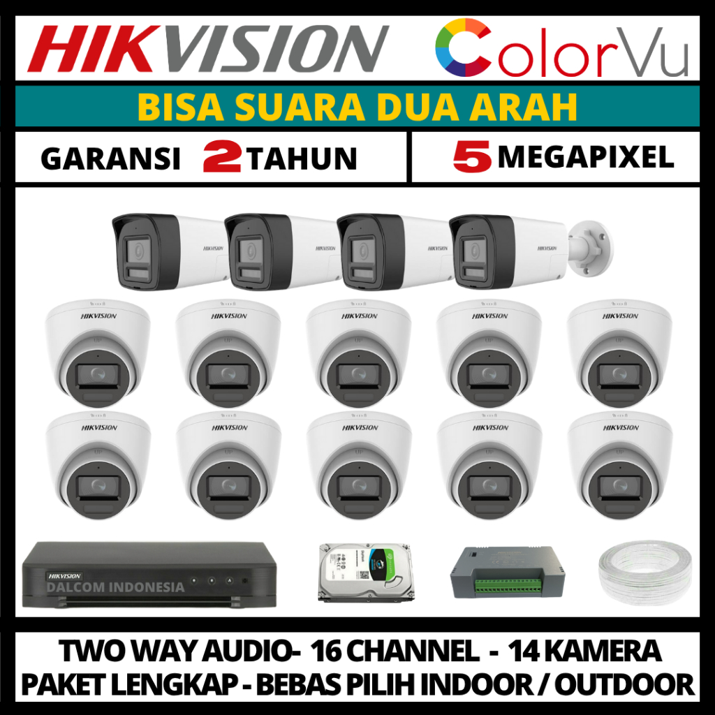 Jual PAKET CCTV HIKVISION COLORVU 5MP 16 CHANNEL 14 CAMERA TWO WAY ...