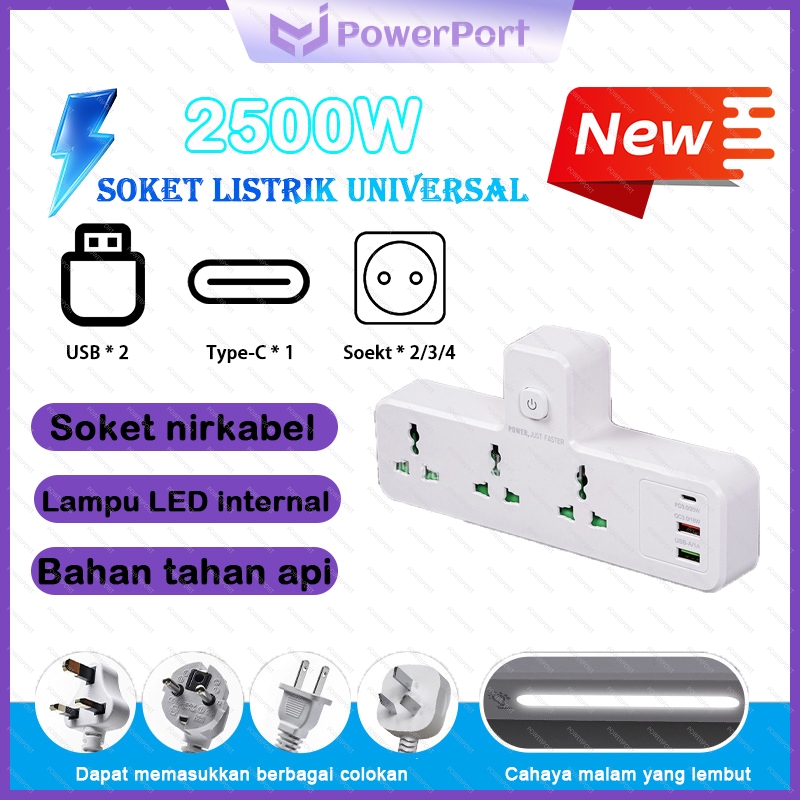 Jual PowerPort 2500W Soket Listrik Universal Power Strip Power Socket Stop Kontak Usb Charger ...