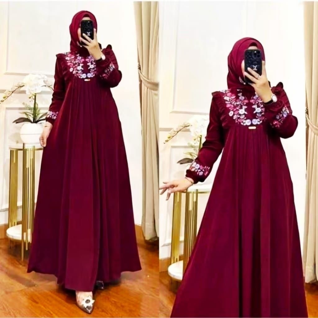 Jual Gamis azizah bordir bunga timbul krinkle air flow tebel lembut ...