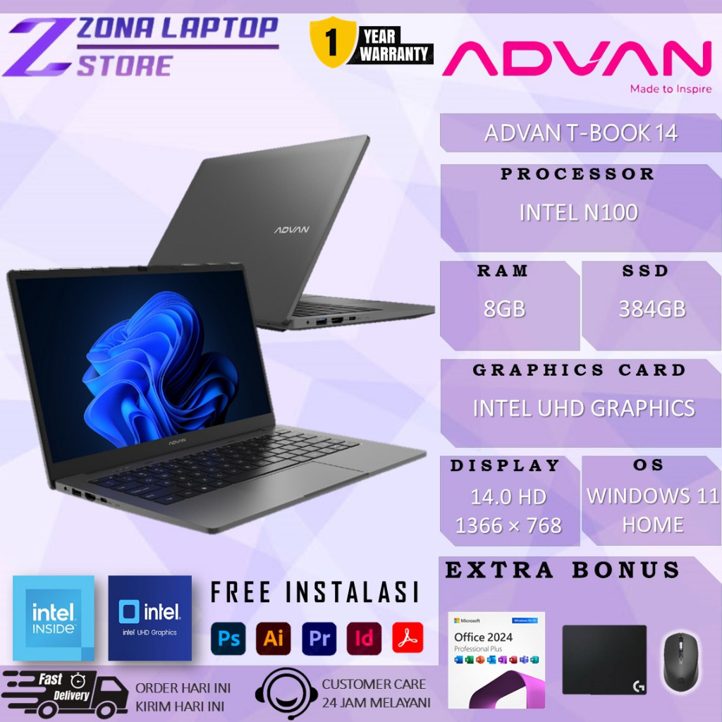 Jual Laptop Advan T-Book 14 1405 L24E-NSNS1 Intel N100 8GB 384GB SSD 14 ...