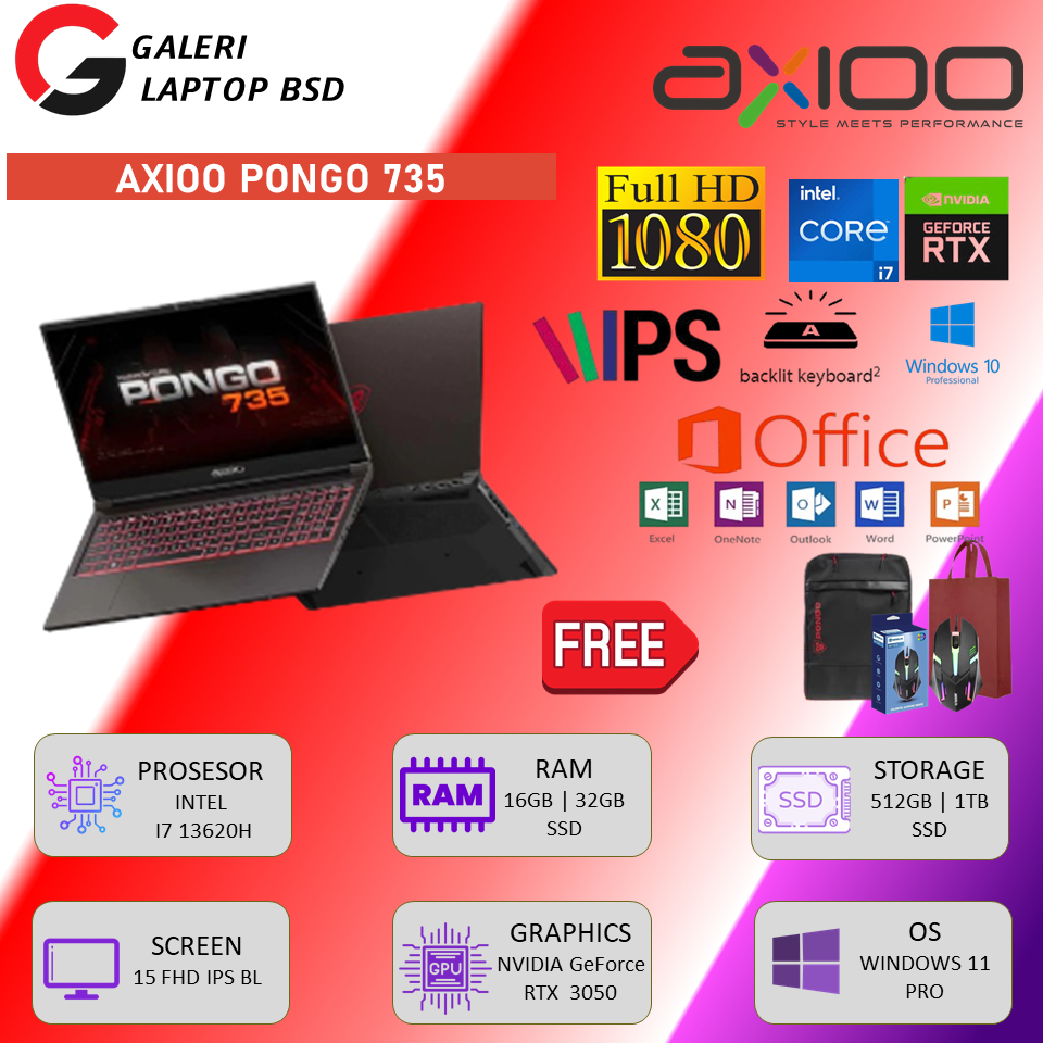 Jual Laptop Axioo Pongo 735 RTX 3050 Intel Core i7 13620H RAM 32GB 1TB ...