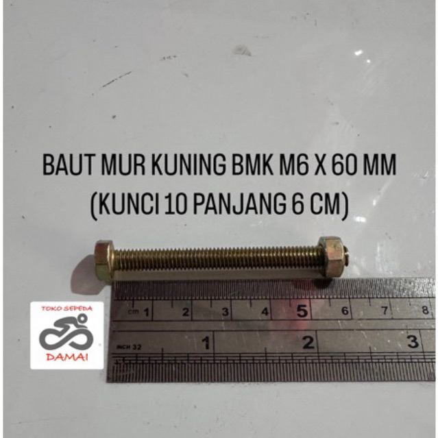 Jual BAUT + MUR KUNING BMK M6 X 60 MM (KUNCI 10 PANJANG 6 CM) | Shopee Indonesia