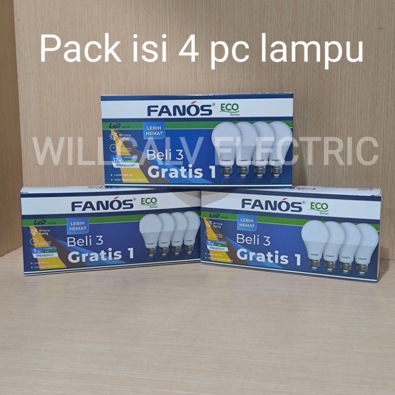 Jual FANOS lampu LED pack ECO 3 free 1 7W 9W 12W Bulb isi 4 PC lampu putih 7000K E27 | Shopee ...