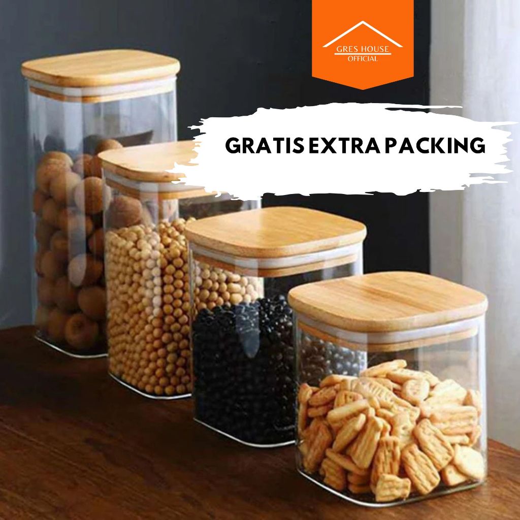 Jual Toples Kaca Kotak Tempat Simpan Kopi Gula Bumbu Dapur Estetik ...