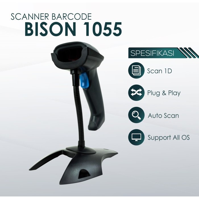 Jual Barcode Scanner Laser 1D Bison BI-1055AS USB With Stand | Shopee ...
