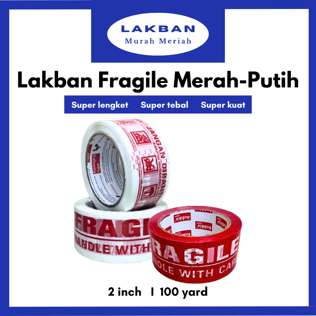 Jual [PCS] Lakban Fragile 2 inch x 100 yard Merah Putih Jangan ...