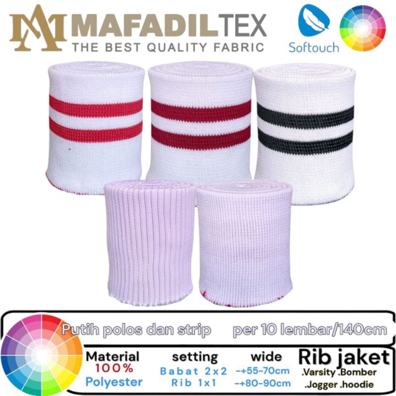 Jual kain rib jaket warna dasar putih polos dan strip polyester premium ...