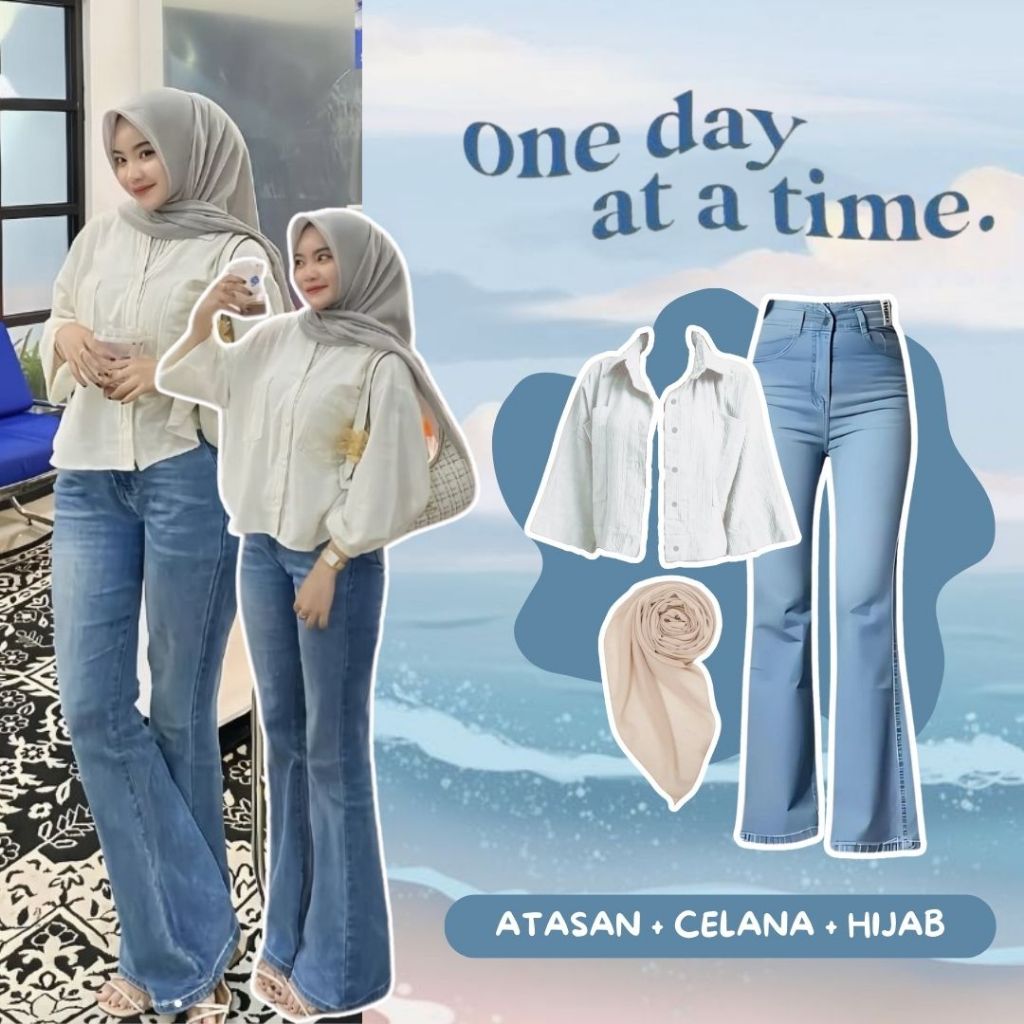 Jual OOTD Oneset Outfit Healing 3In1 kemeja crop jumbo Cutbray Jeans Hijab Bella Square KF66 ...