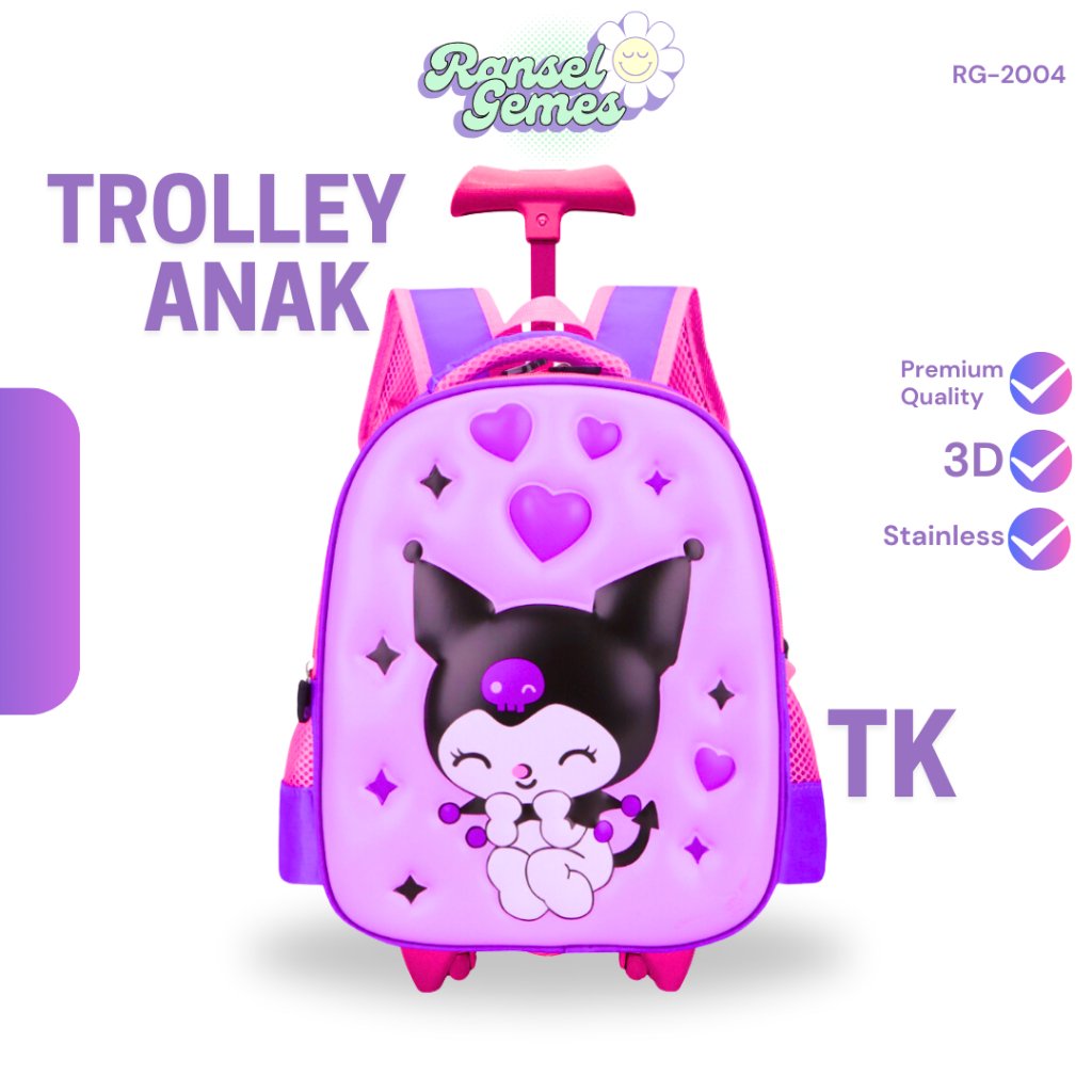 Jual Tas Troli Koper Anak Perempuan Sekolah TK / Paud - Tas Dorong Anak Kuromi Karakter Timbul ...