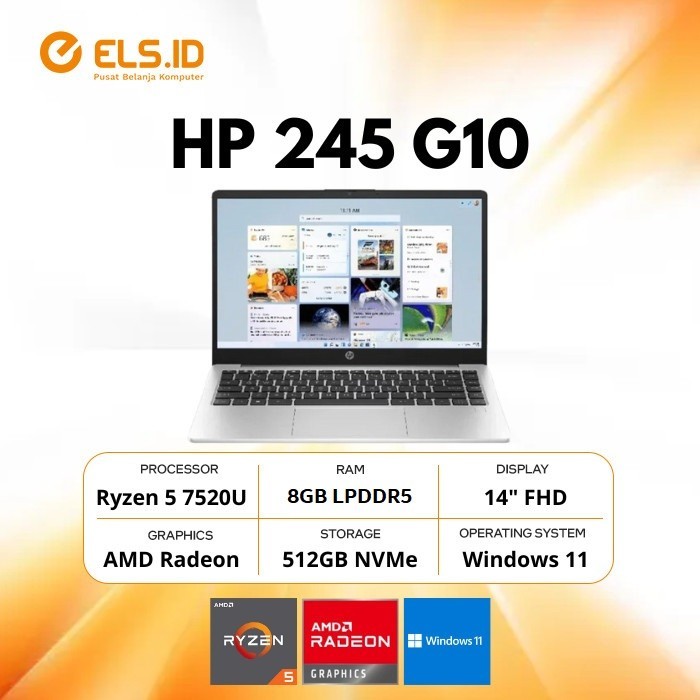 Jual HP 245 G10 AMD Ryzen 5 7520U 8GB SSD 512GB 14" W11 | Shopee Indonesia
