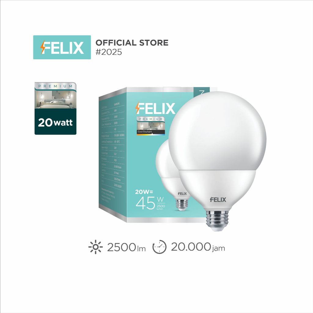Jual FELIX PREMIUM Bohlam Lampu LED 20W Global E27 Putih 6500K Garansi ...