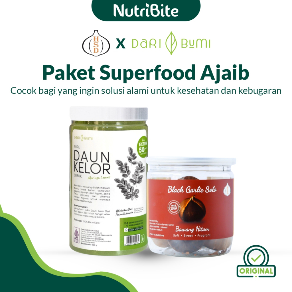 Jual NUTRIBITE Daun Kelor Bubuk Moringa 400gr Dari Bumi Black Garlic Solo Bawang Hitam Tunggal ...