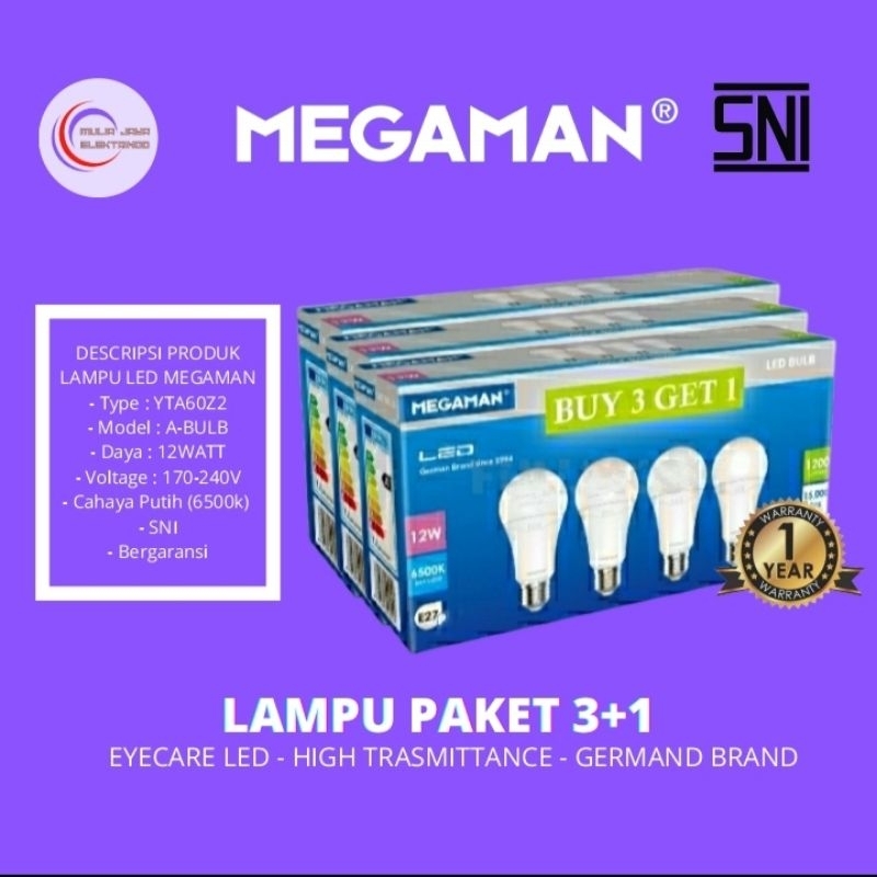 Jual LAMPU LED BULB/BOLHAM MEGAMAN PAKET 12W BELI 3 GRATIS 1 BERGARANSI | Shopee Indonesia