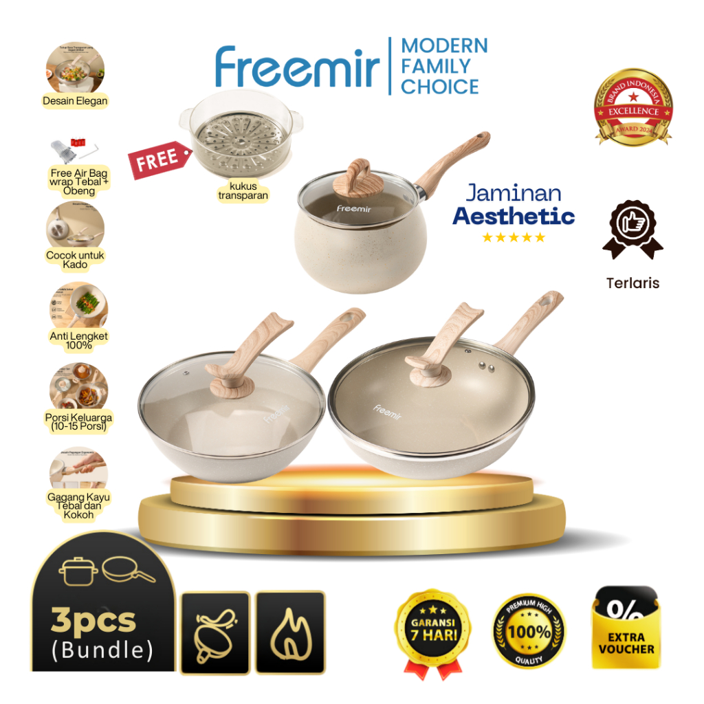 Jual [ORIGINAL] Set 3/4pcs freemir Set 28/24/24/16 CM Panci Wajan Anti ...