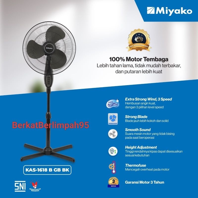 Jual MIYAKO KAS-1618 B GB BK (100% ORI) Stand Fan Kipas Angin Berdiri 16" 50W | Shopee Indonesia