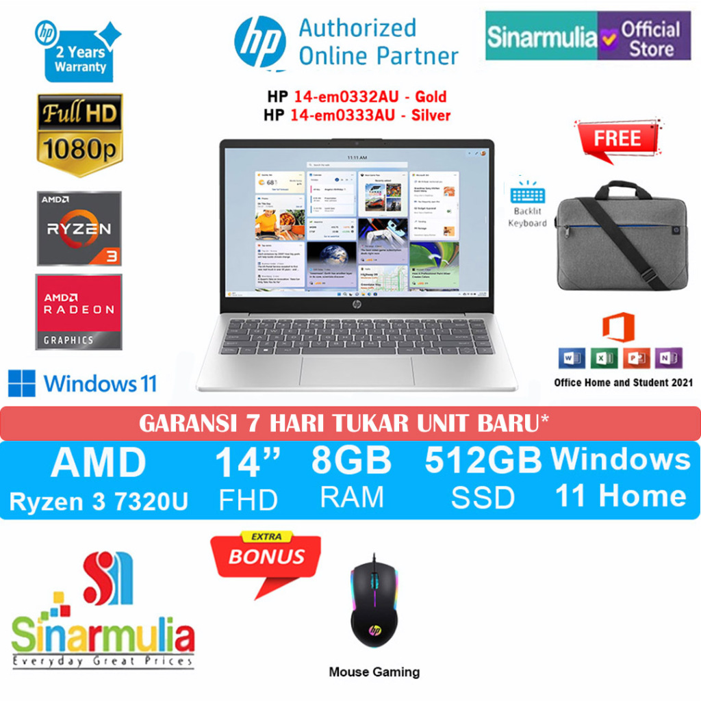 Jual HP 14-em0332AU/em0333AU Ryzen 3 7320U 512GB SSD 8GB FHD Win11+OHS ...