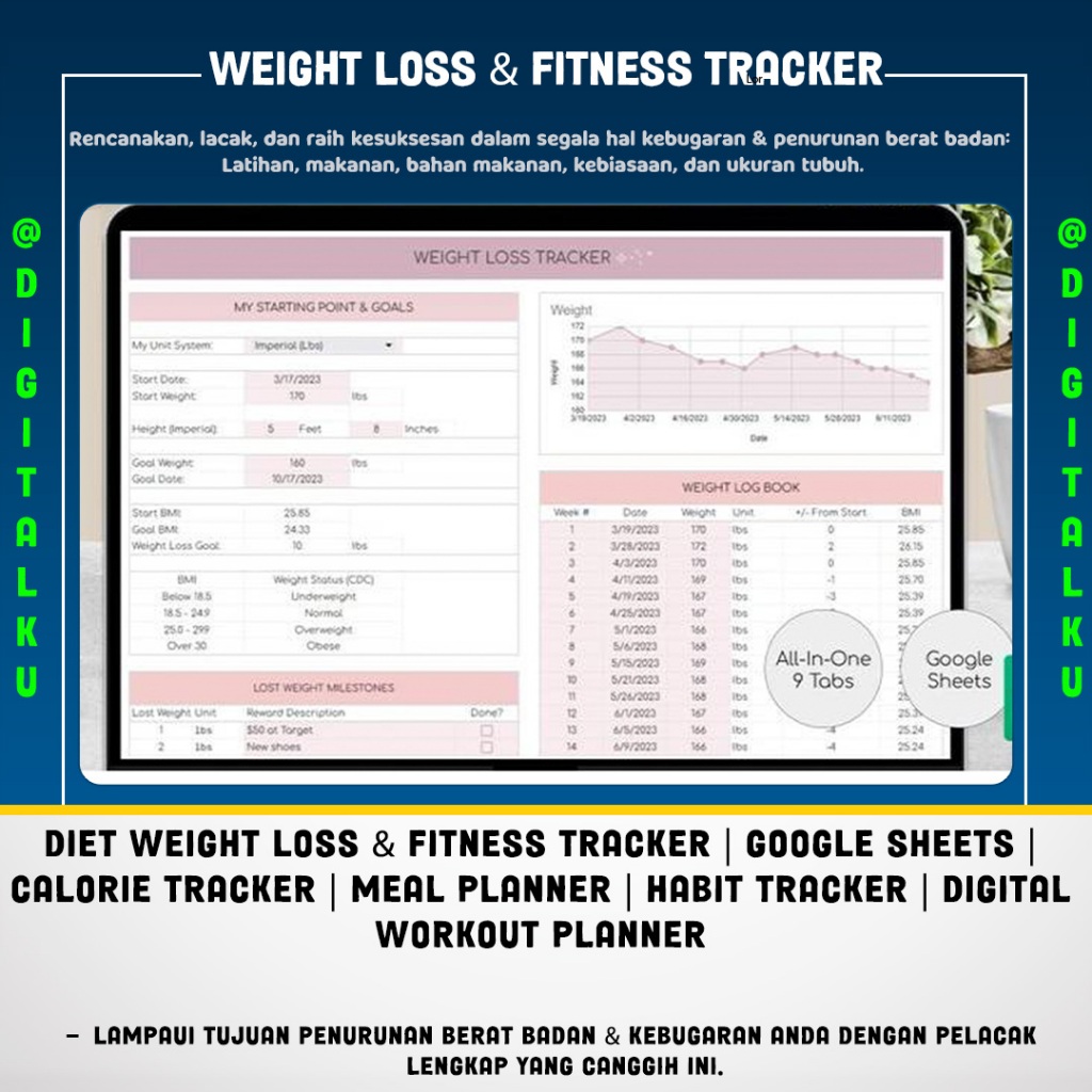 Jual Diet Weight Loss & Fitness Tracker | Google Sheets | Calorie ...