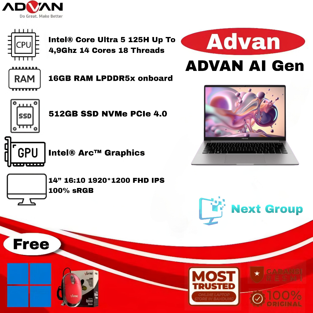 Jual Advan AI Gen Core Ultra Intel® 5 125H RAM 16GB LPDDR5x / 512GB SSD ...