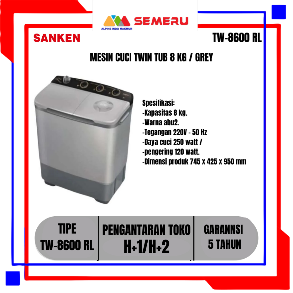 Jual SANKEN MESIN CUCI TWIN TUB 8 KG GREY TW-8600 RL & BLACK TW-8900 BK ...