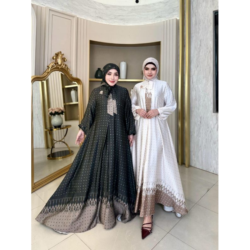 Jual 01-539 SHELLASAUKIA GAMIS PRINTING MONOGRAM HITAM PUTIH SETHIJAB ...