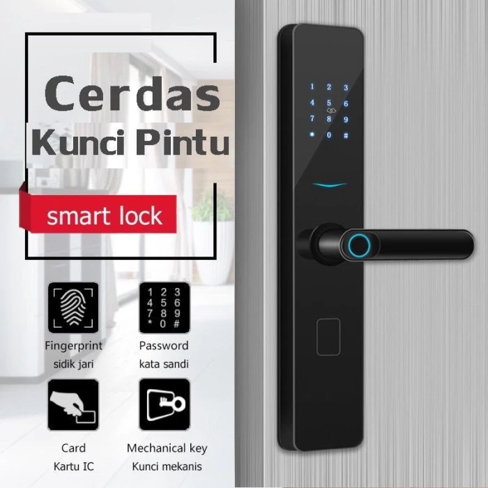 Jual Smart Door Lock Gagang Pintu Rumah Kunci Elektrik Fingerprint Card Alarm Smart Door Home ...