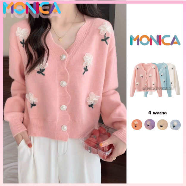 Jual MONICA Cardigan Rajut Korea Style Premium Rajut Tulip Putih 3D V ...