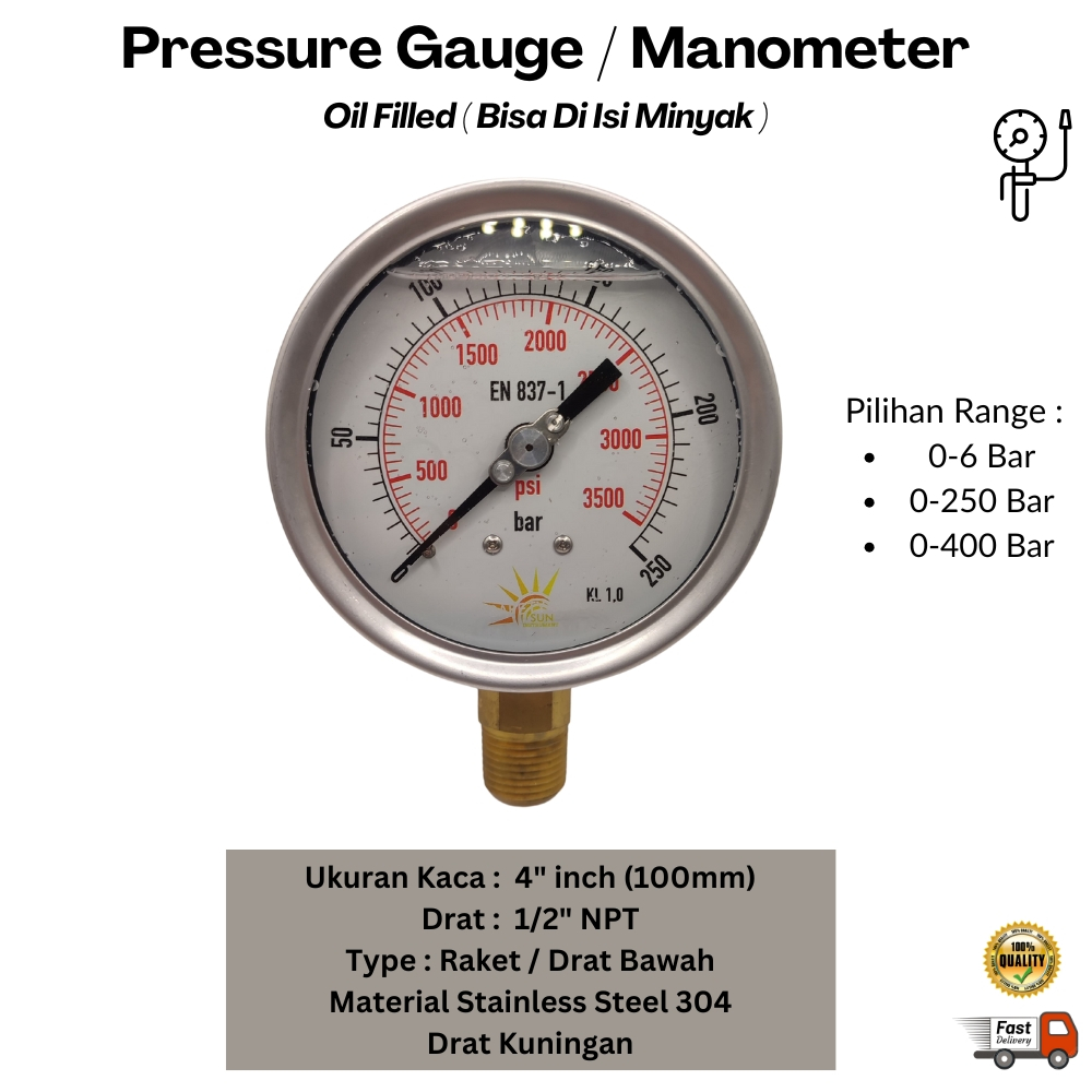 Jual Pressure Gauge 4 inch 6 Bar 250 Bar 400 Bar Manometer Drat 1/2 ...