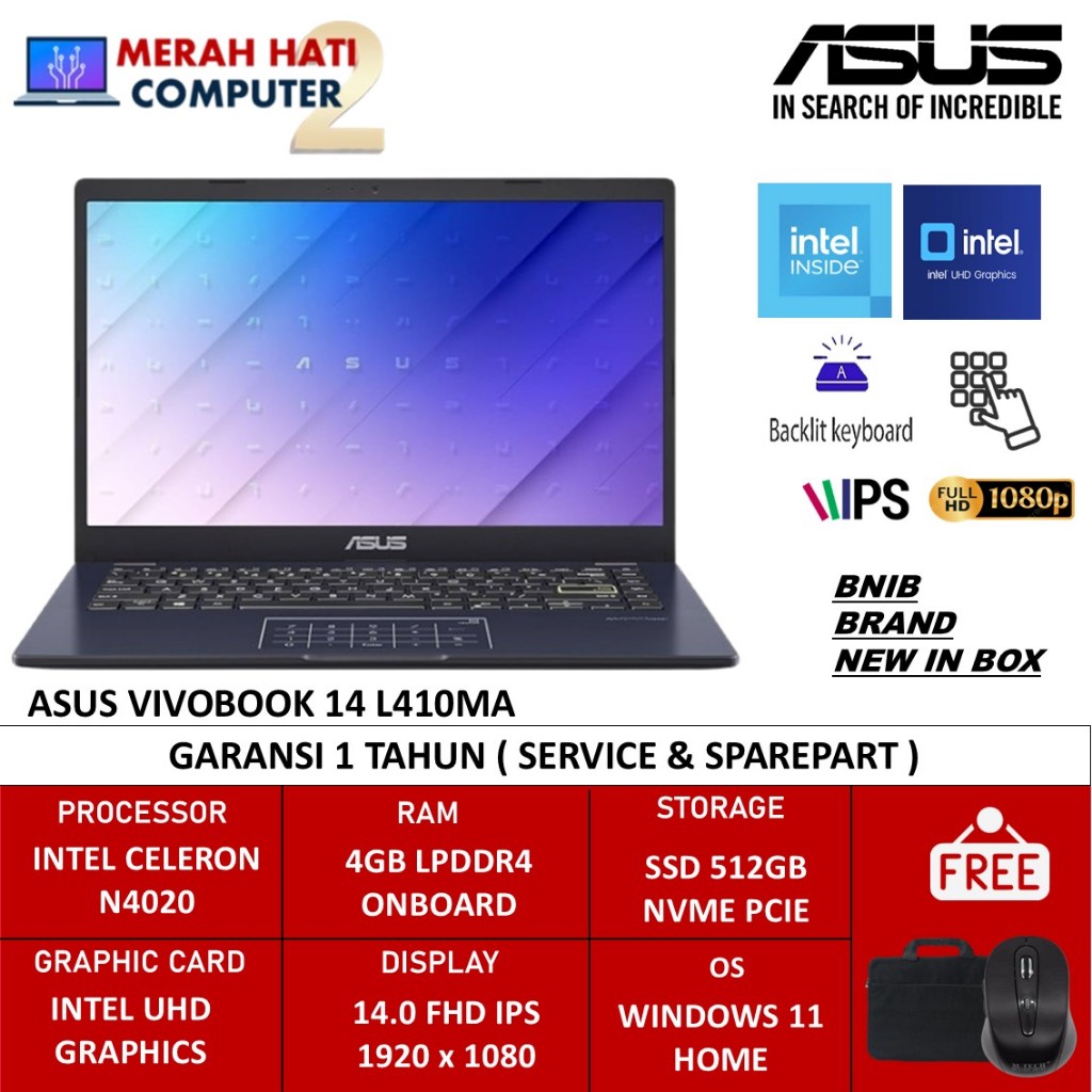 Jual Laptop Slim Asus Vivobook L410MA Intel N4020 RAM 8GB SSD 512GB FHD ...