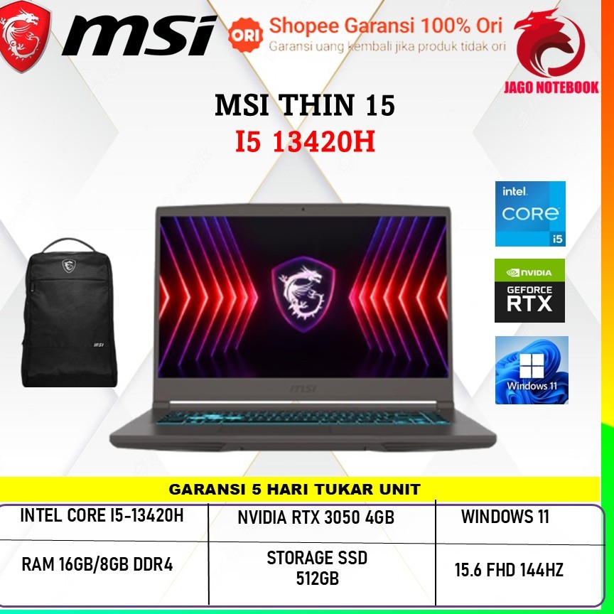 Jual MSI THIN 15 I5 13420H RTX3050 4GB/ 8GB 512GB W11 15.6FHD 144HZ BLIT 2Y GRY | Shopee Indonesia