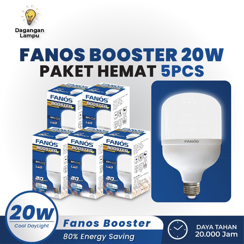 Jual Lampu bohlam Led Fanos Booster 20Watt Light Bulb Paket 5pcs Cahaya Putih (Cool DayLight ...