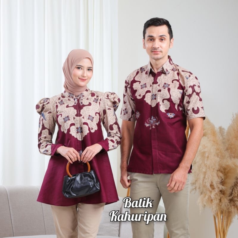 Jual Batik Wanita Burgundy Baju Batik Wanita Modern Lengan Puffy ada ...