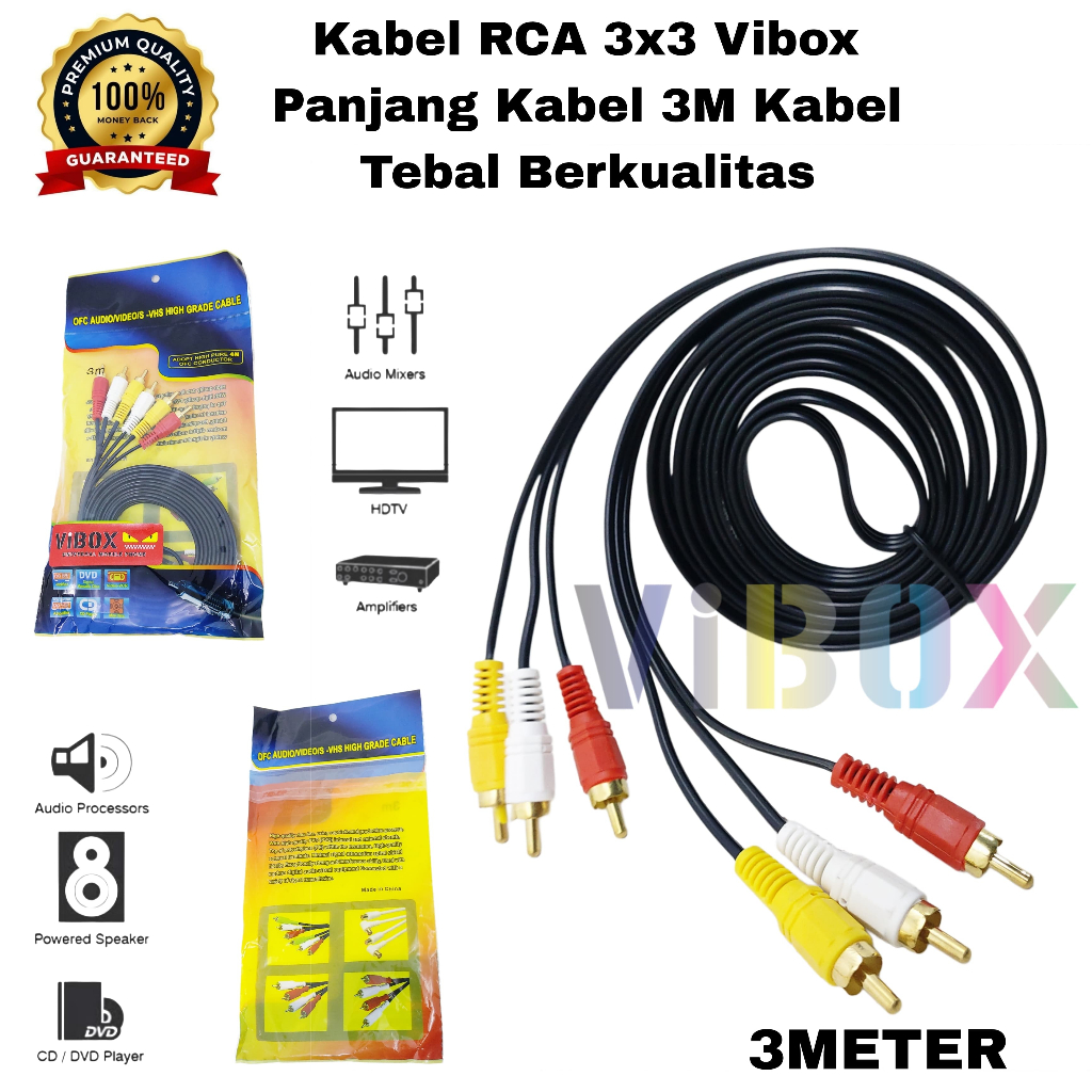 Jual Vibox Kabel Rca 3x3 Panjang Kabel 3Meter Kabel Aux Jack Audio Tv ...
