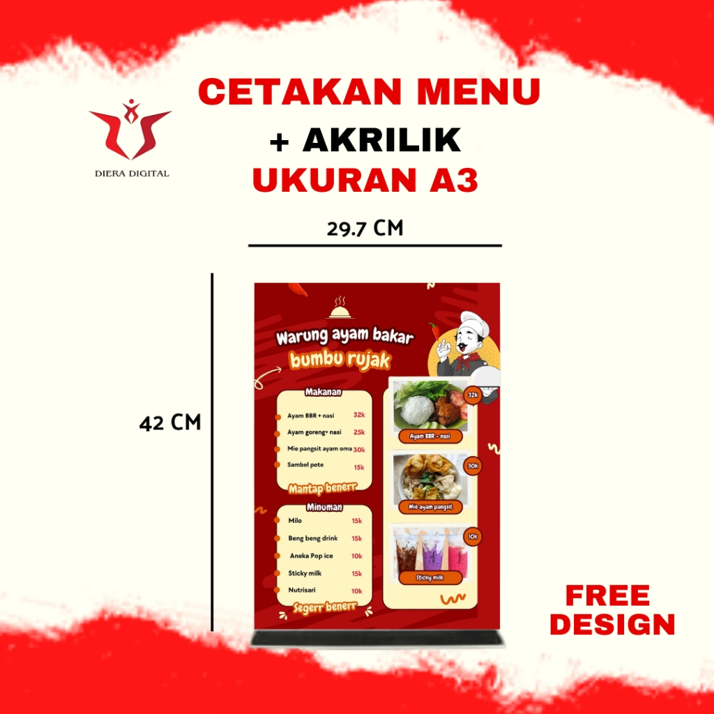 Jual CETAK DAFTAR MENU MAKANAN | MINUMAN + Akrilik Ukuran A3 29.7 x 42 ...