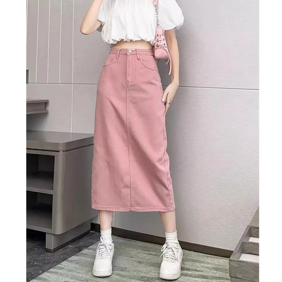 Jual COD Jeans Rok Wanita Pink Highwaist Rok midi A-line Denim Split ...