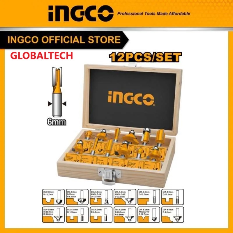 Jual INGCO AKRT1201 MATA ROUTER MATA PROFIL KAYU 12PCS 6MM ROUTER BITS ...