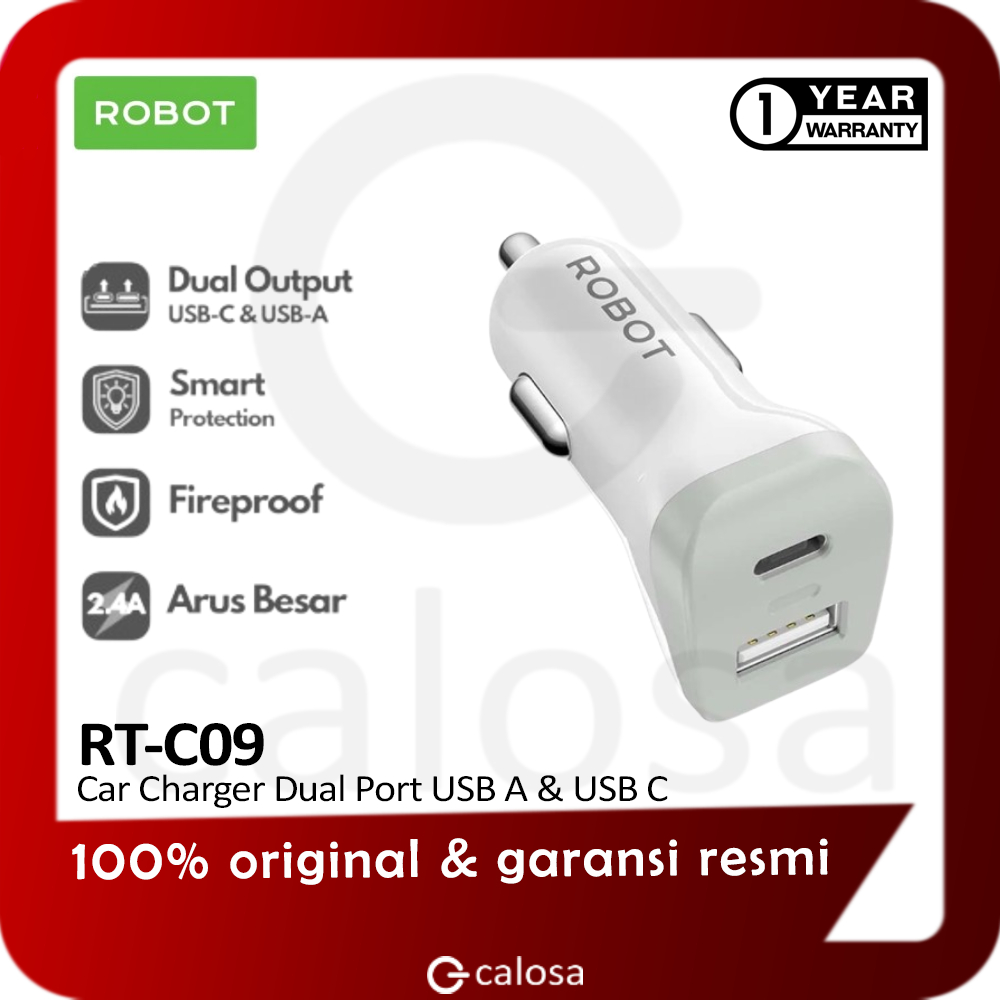 Jual ROBOT RT-C09 Car Charger Dual Port USB A & USB C 2.4A Garansi Resmi | Shopee Indonesia