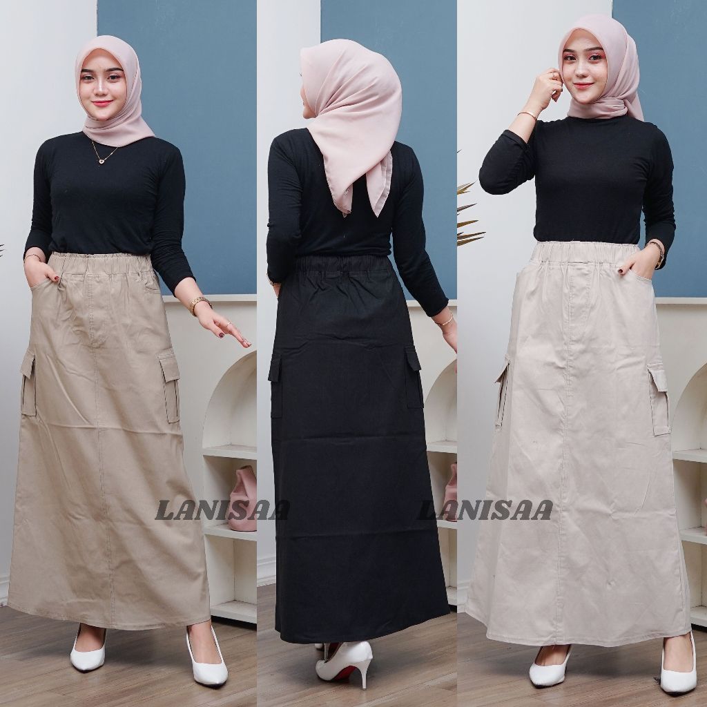 Jual Rok Cargo Panjang Wanita Model A-Line | Rok Cargo Pinggang Full ...
