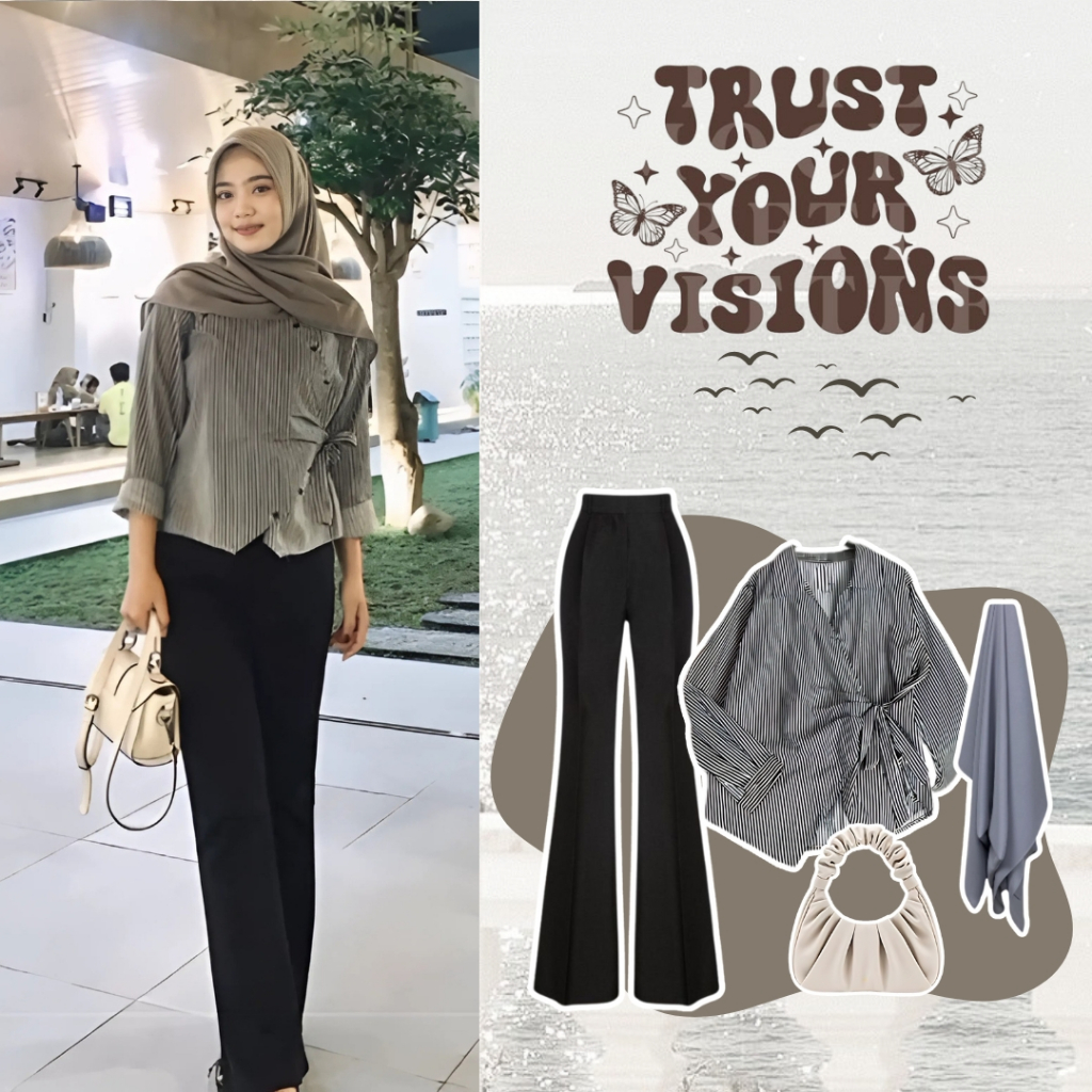 Jual One Set Wanita Terbaru Korean Style (Celana Cutbray, Blouse Stripe ...