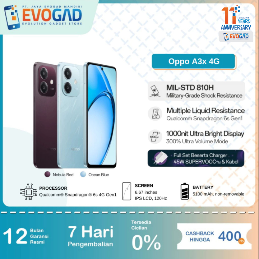 Jual Oppo A3x 4/64GB & 4/128GB, Qualcomm Snapdragon 6s 4G Gen1 Super ...