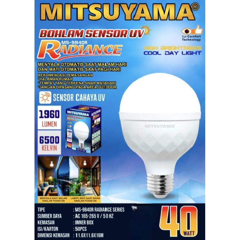 Jual Bohlam Led Sensor UV 40 & 30 Watt Mitsuyama - Menyala Otomatis Saat Malam Dan Mati Otomatis ...