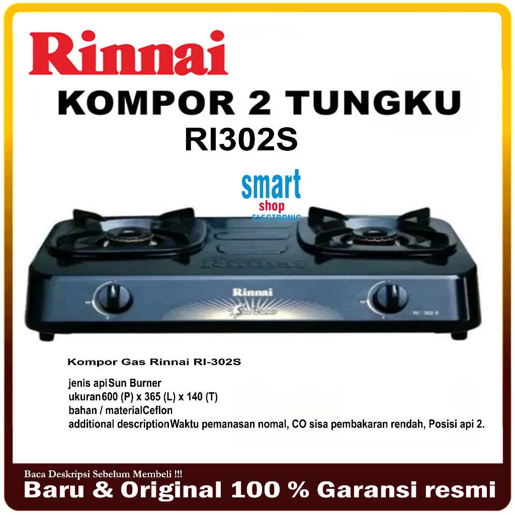 Jual Kompor Gas Rinnai RI302S 2 Tungku Api Sun Burner / Kompor Rinnai 2 Tungku ri-302s | Shopee ...