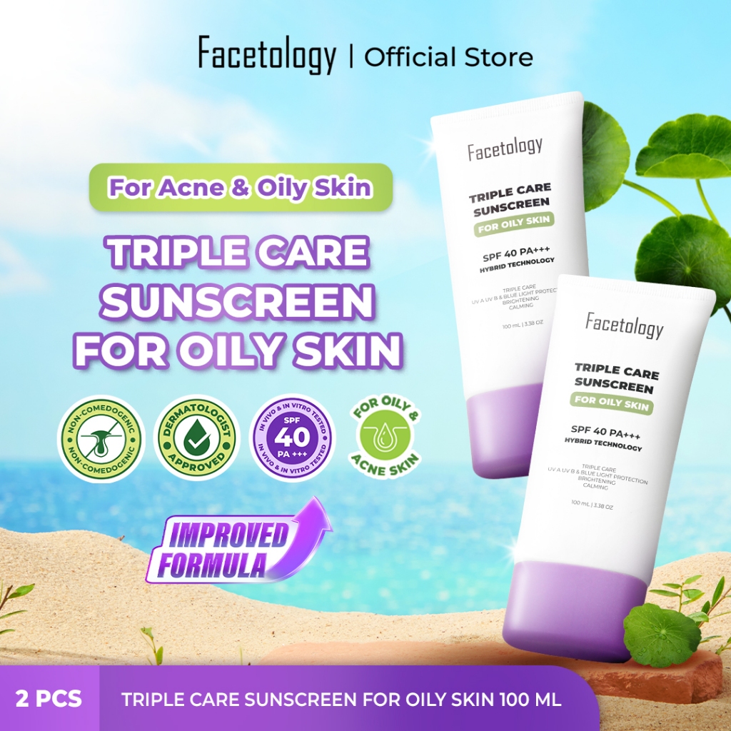 Jual Facetology Triple Care Sunscreen For Acne & Oily Skin SPF 40 PA+++ 100ML 2 PCS | Shopee ...