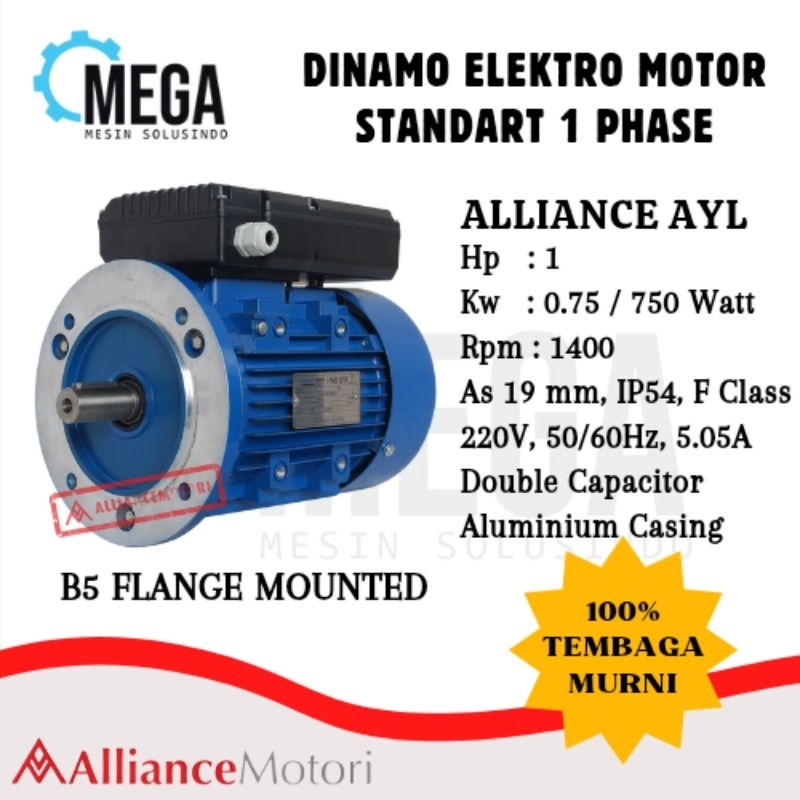 Jual Alliance Dinamo Flange 1 Phase 1 HP 0.75 KW 1400rpm Dual Capasitor 100% FULL TEMBAGA ...