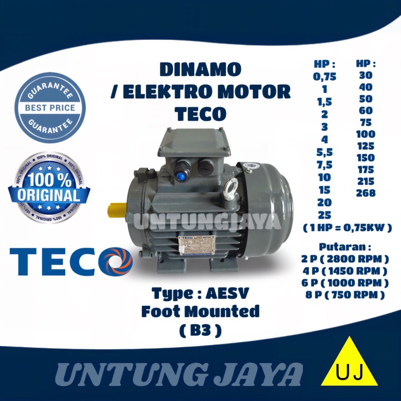 Jual DINAMO ELEKTRO MOTOR TECO 3 PHASE 10 HP 7,5 KW 4 POLE 1500 RPM / ELEKTRIK MOTOR TECO 3PHASE ...