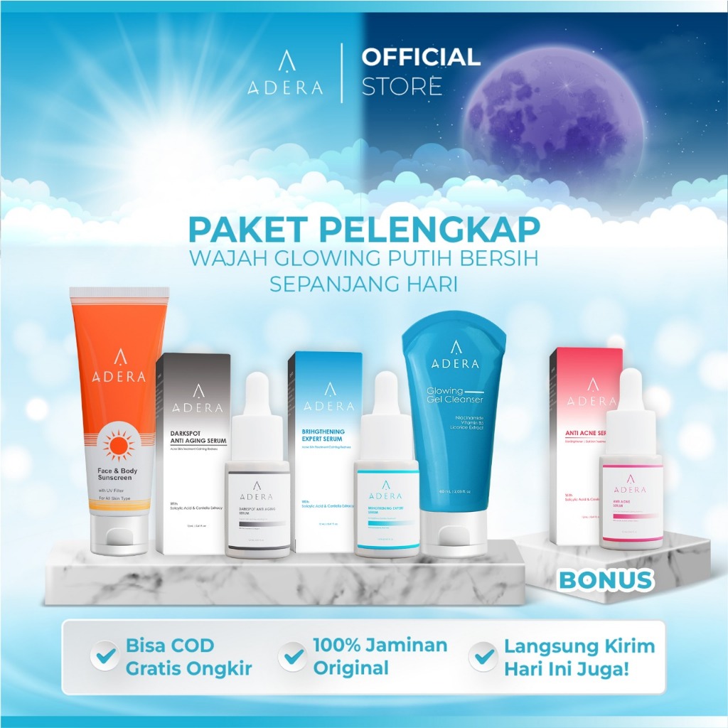 Jual Paket Adera Serum, Pencuci Muka, Sunscreen Wajah Glowing Putih Bersih Bebas Kusam Flek ...
