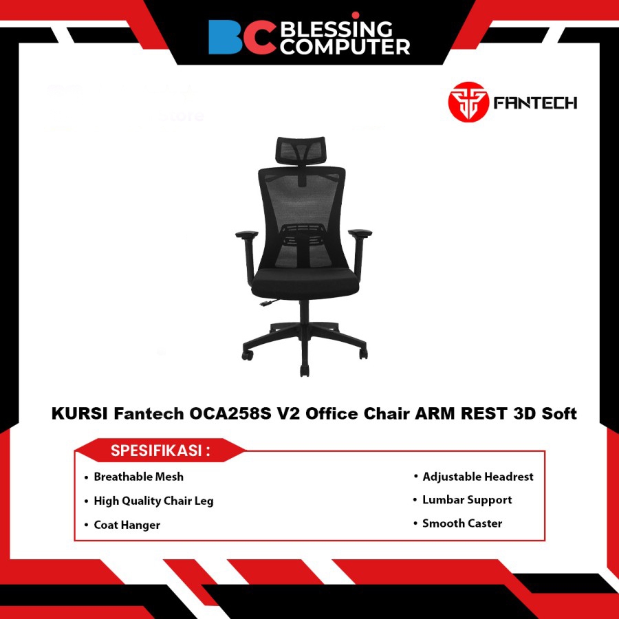 Jual KURSI Fantech OCA258S V2 Office Chair ARM REST 3D Soft - Black ...