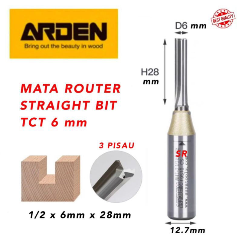 Jual Mata Router/ Profil 3 Flute 6mm × 28mm As 1/2 Inch Straight Bits ...