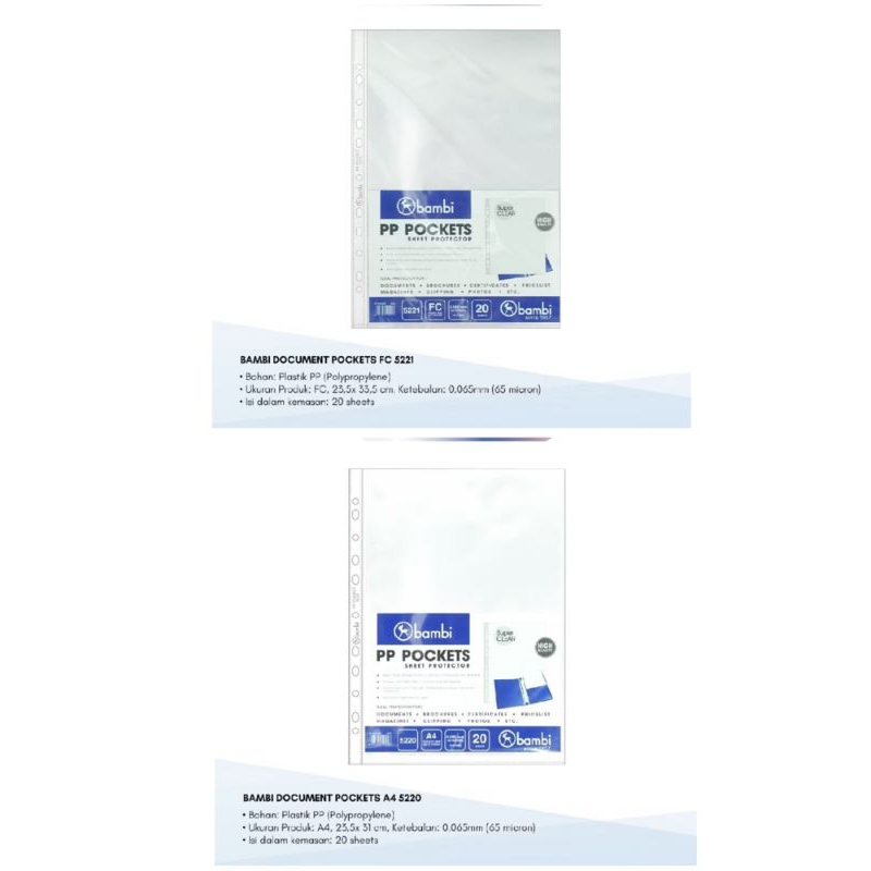 Jual Sheet Protector/ PP Pocket/ Document Pocket BAMBI isi 20 lembar, ukuran Folio (5221) dan A4 ...